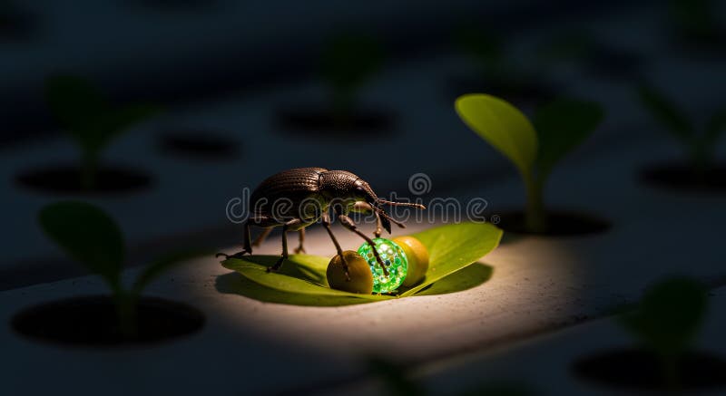 Weevil on a Leaf with Glowing Beads in a Hydroponic System: a Close-Up ...