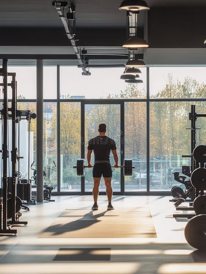 Weightlifter Performs Deadlift in Modern Gym with Large Windows and ...