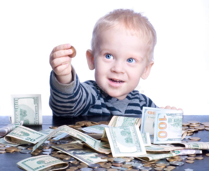 Weinig jongen met geld stock foto. Image of weinig, dollar - 65976548