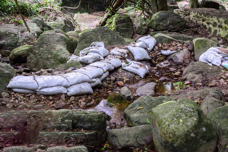 Weir Irrigate Sand Bag at Waterfall in Forest Stock Image - Image of ...
