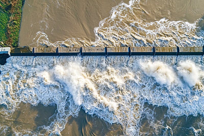 Weir Regulating Water Flow during Flood, Generating White Water Foam ...