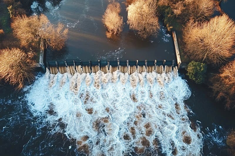 Weir Releasing Water into River, Creating Whitewater Rapids Stock Photo ...
