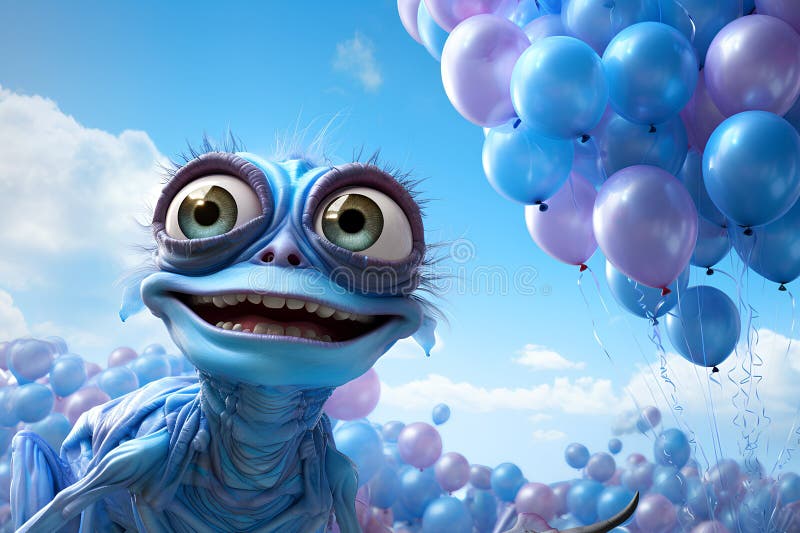 Weird Blue Cartoon Character Enjoying Blue Balloons in the Sky Stock ...