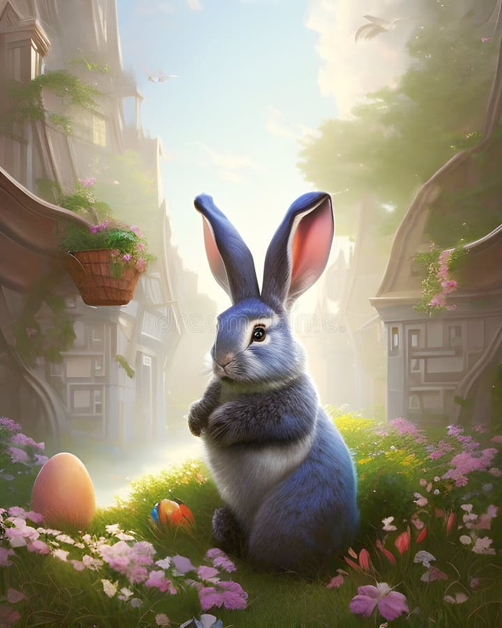 A Weird Easter Bunny Sitting in Fantasy Town with Eggs Stock ...