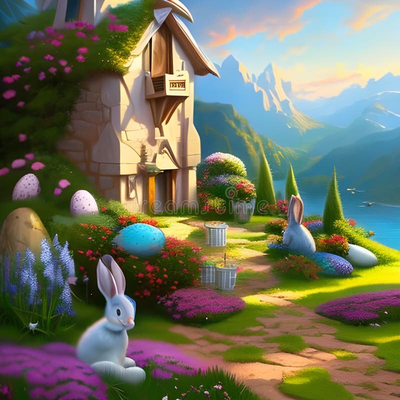 A Weird Easter Bunny Sitting in Fantasy Town with Eggs Stock ...