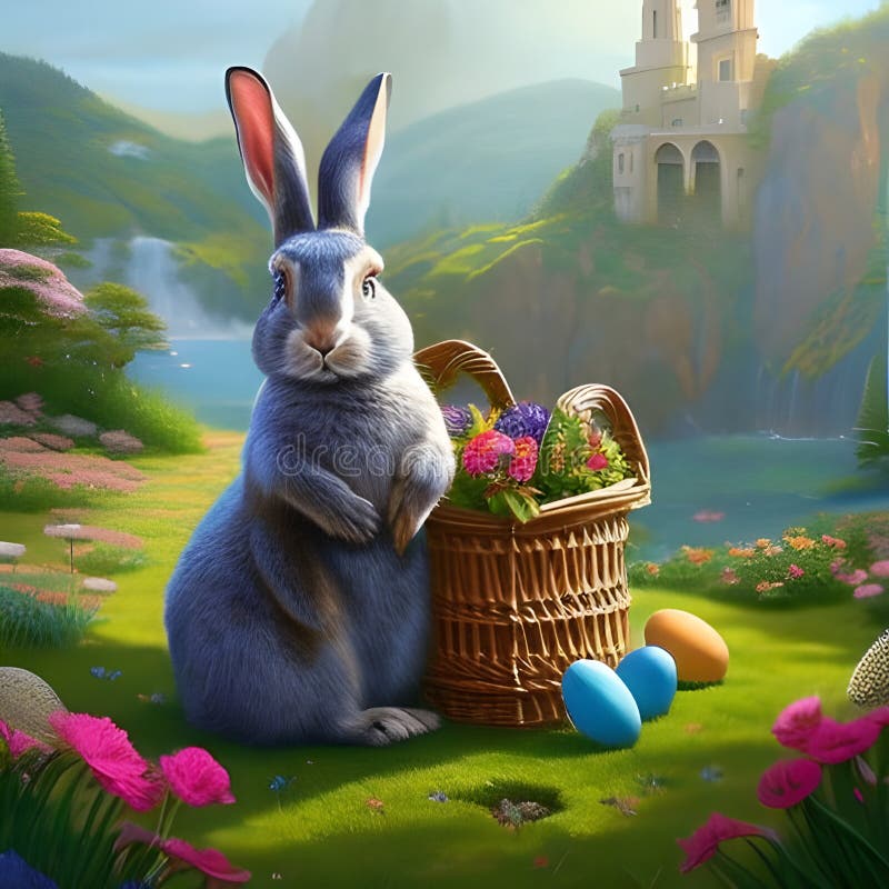 A Weird Easter Bunny Sitting in Fantasy Town with Eggs Stock ...