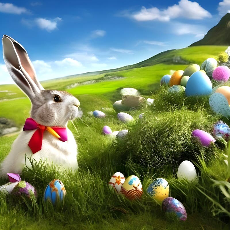 A Weird Easter Bunny Sitting in Meadow with Eggs Stock Illustration ...