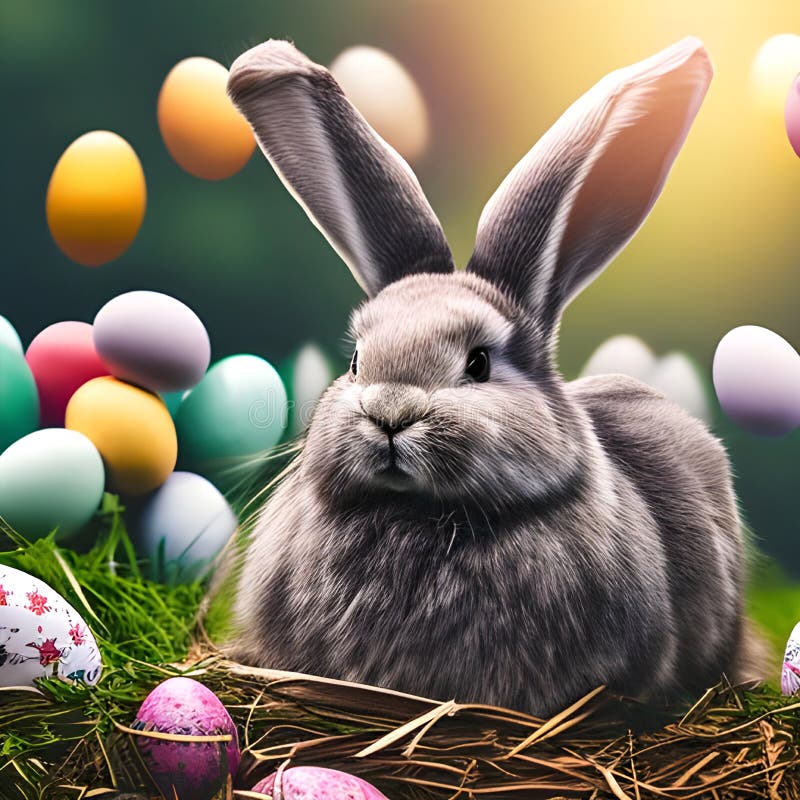 A Weird Easter Bunny Sitting in Meadow with Eggs Stock Illustration ...