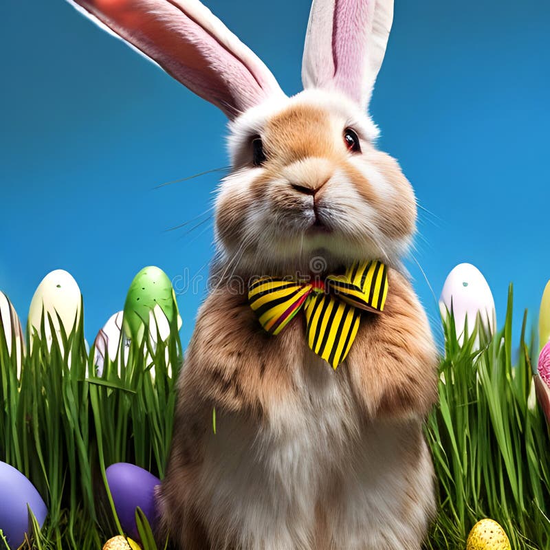 A Weird Easter Bunny Sitting in Meadow with Eggs Stock Illustration ...