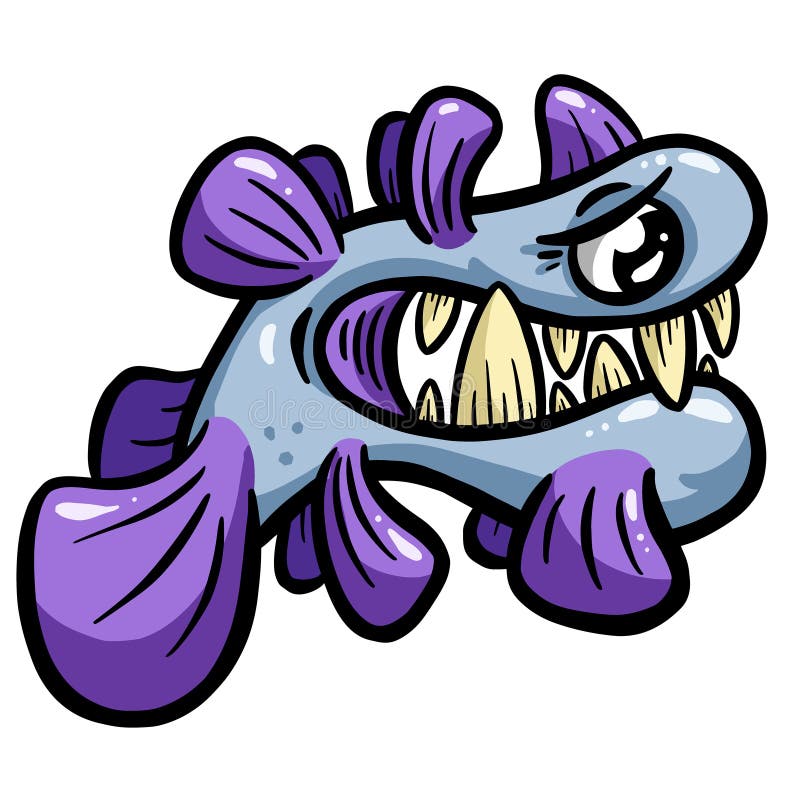 Weird Fish Deep Sea Creature with Big Teeth Cartoon Character in Vector ...