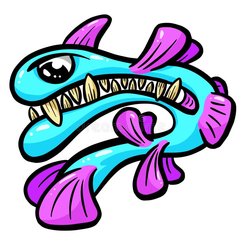 Weird Fish Deep Sea Creature with Big Teeth Cartoon Character in Vector ...