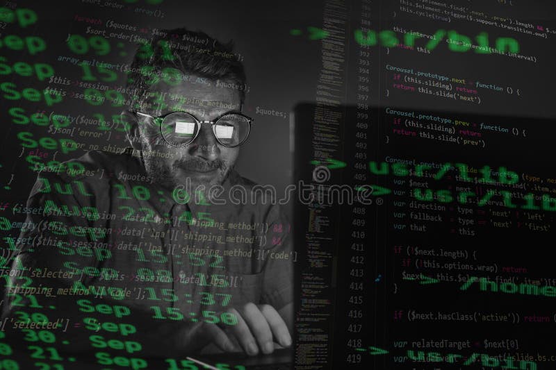 Weird Tidy And Nerd Hacker Man In Big Glasses Programming And Hacking