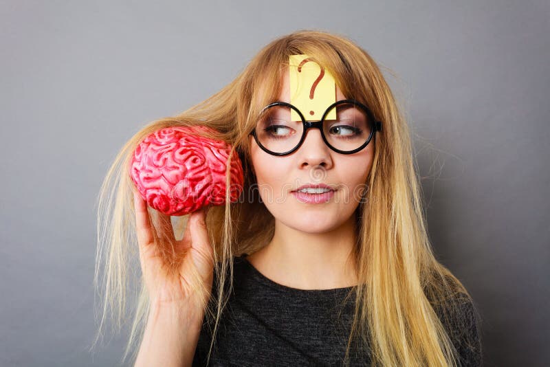 Weird Woman Holding Brain Having Idea Stock Image - Image of education ...