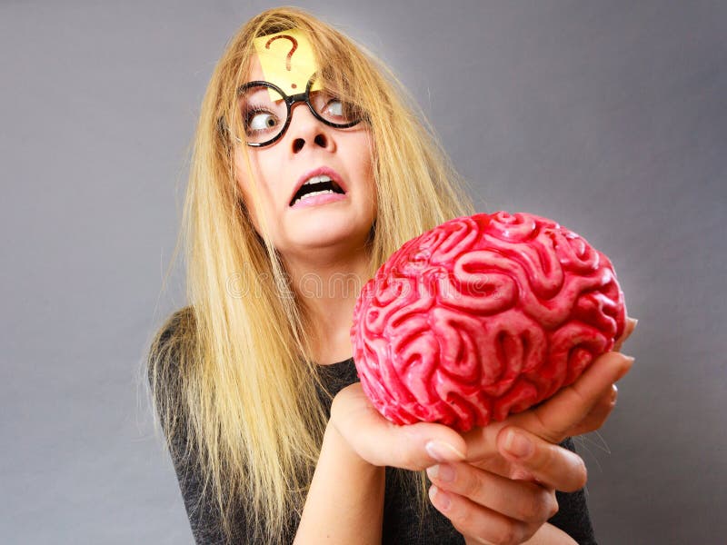 Weird Woman Holding Brain Having Idea Stock Photo - Image of mark ...