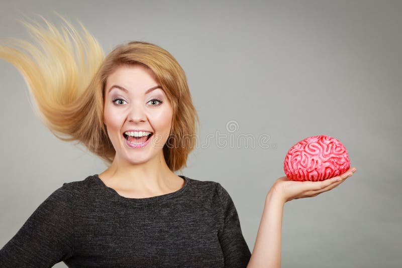 Weird Woman Holding Brain Having Idea Stock Photo - Image of education ...