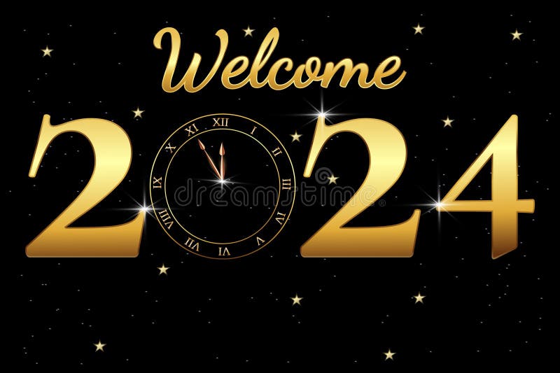 New Year 2024 Concept. Magic Background with Clock and "welcome" Lettering on Abstract Sparkling ...