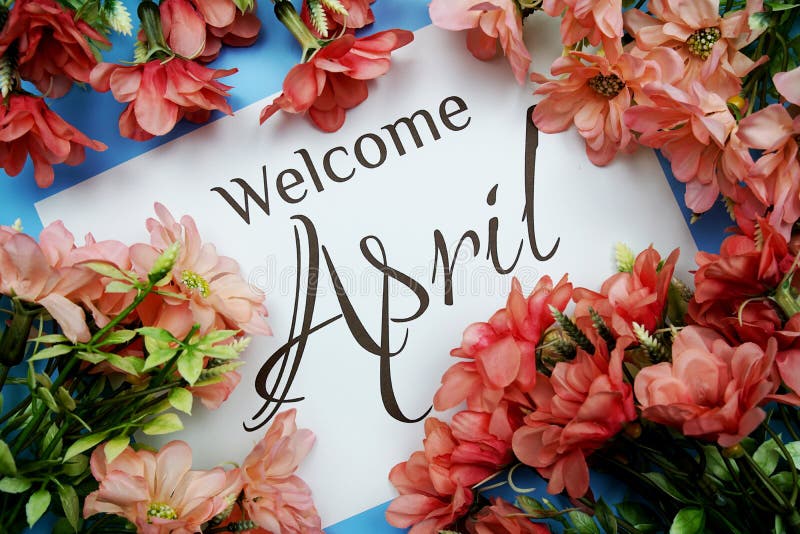 Welcome April Text with Pink Flower Frame on Blue Background Stock ...