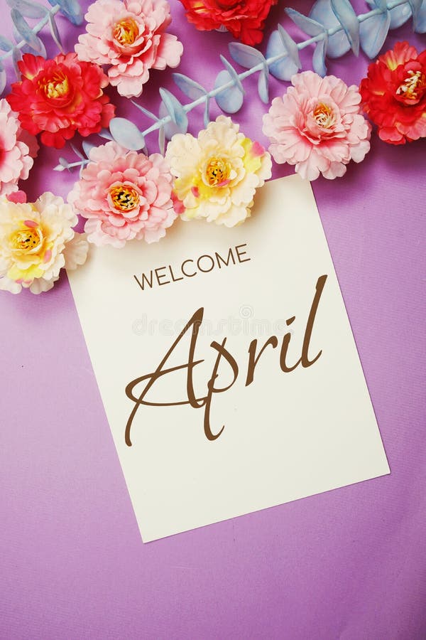 Welcome April Typography Text and Flower Decorate on Purple Background ...