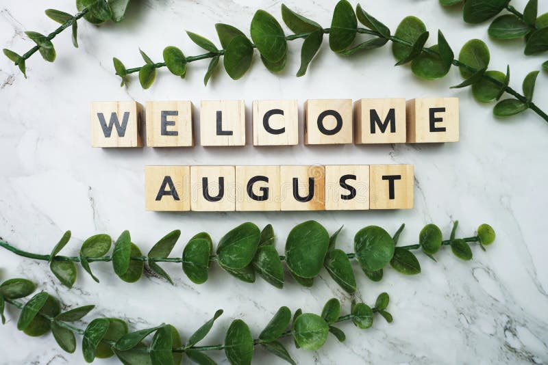 Welcome August Alphabet Letter with Green Leave Flat Lay on Marble ...
