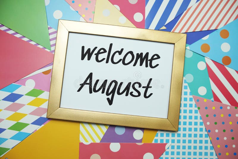 Welcome August Text Message with Green Leave on Blue and Pink ...