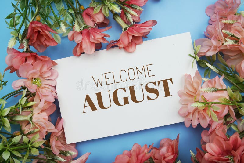 Welcome August Text and Blue Flower Decoration on Wooden Background ...