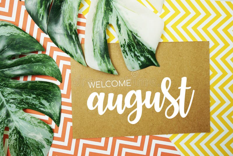 Welcome August Typography Text on Paper Card with Monstera Leaves Stock ...