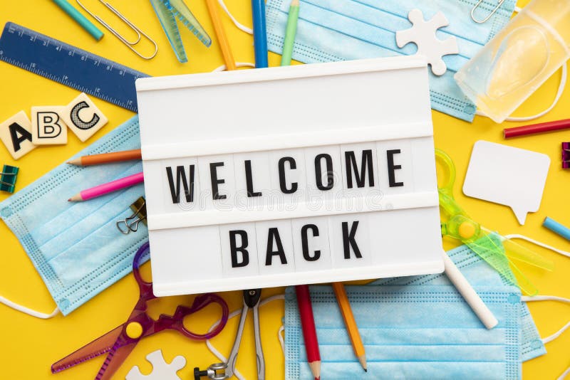 Welcome Back Lightbox Message with School Equipment and Covid Masks ...