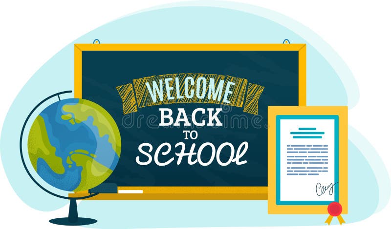 Welcome Back School Text Blackboard Globe Diploma. Educational Theme ...