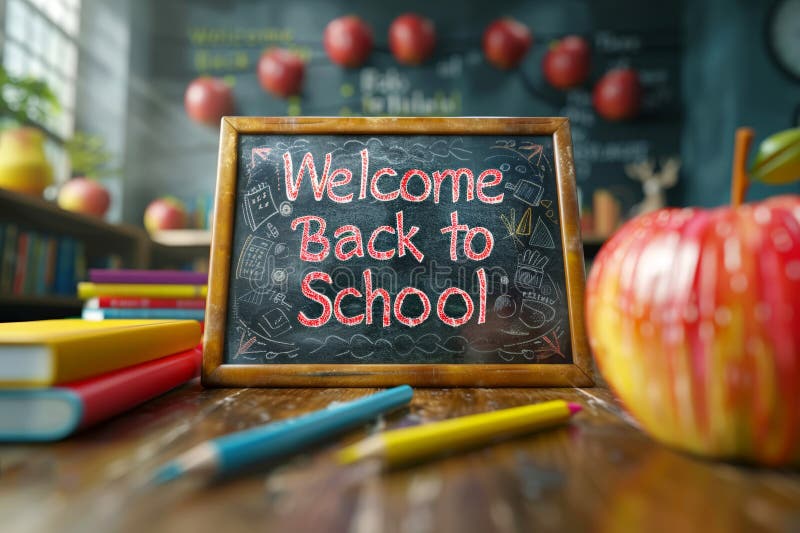 Welcome Back To School Chalkboard in Classroom, Emphasizing the ...