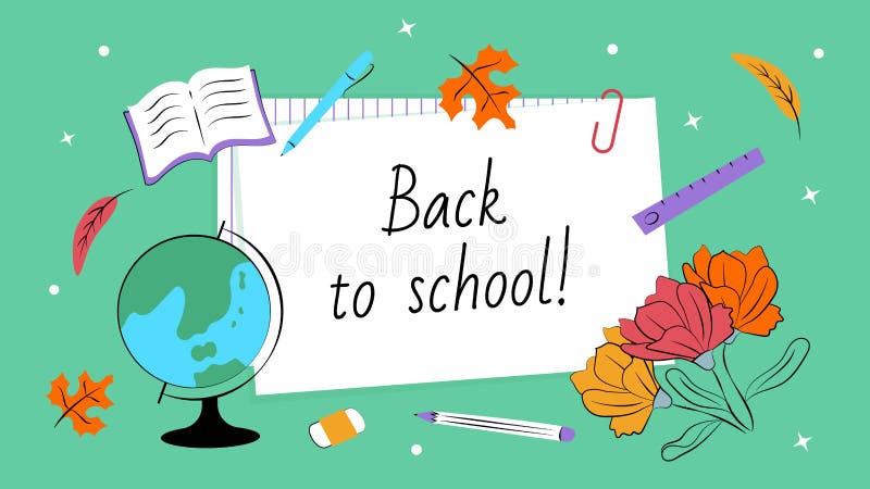 Welcome Back To School with School Items and Elements Globe, Pen, Paper ...
