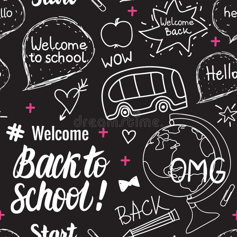 Welcome Back To School Seamless Pattern. Vector Hand Draw Set Elements ...