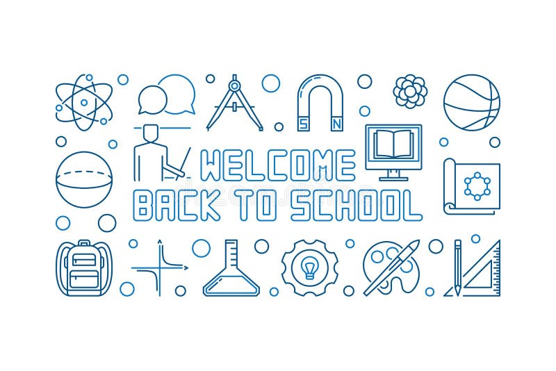 Welcome Back To School Vector Blue Outline Horizontal Banner Stock ...