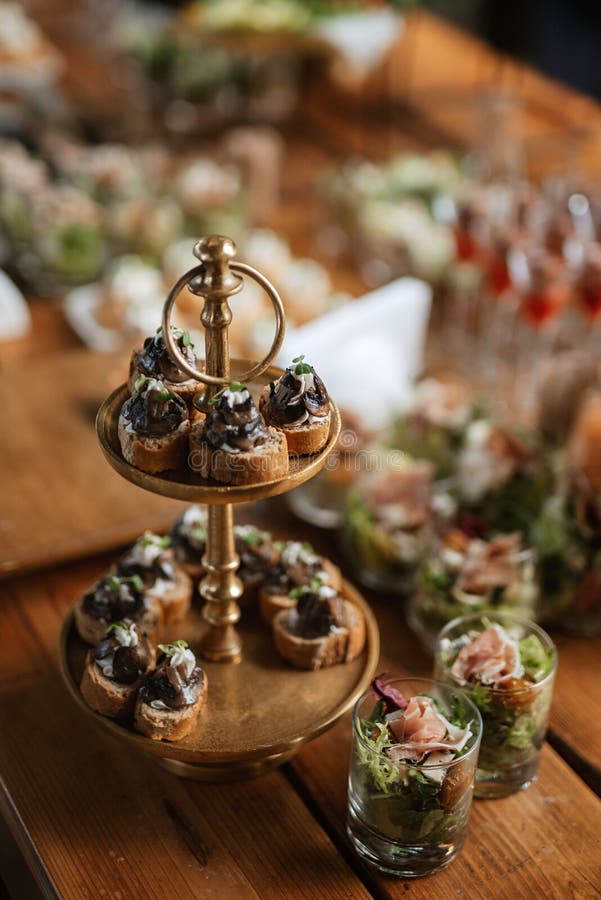 Welcome Buffet with Alcohol and Snacks Stock Photo - Image of glasses ...