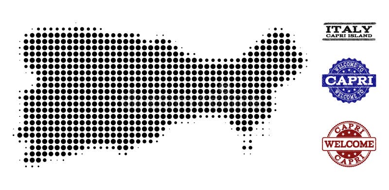 Welcome Collage of Halftone Map of Capri Island and Textured Seals ...