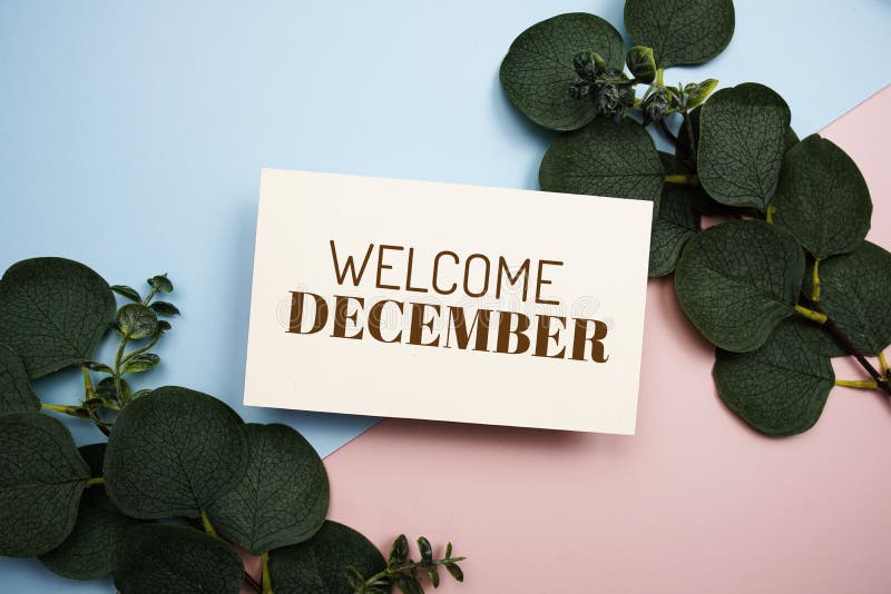 Welcome December Text Message with Green Leave on Blue and Pink ...