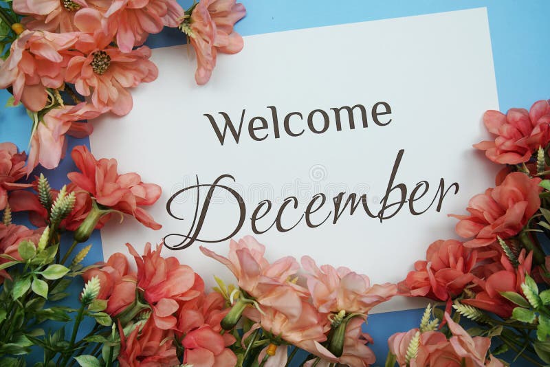 Welcome December Text with Pink Flower Frame on Blue Background Stock ...