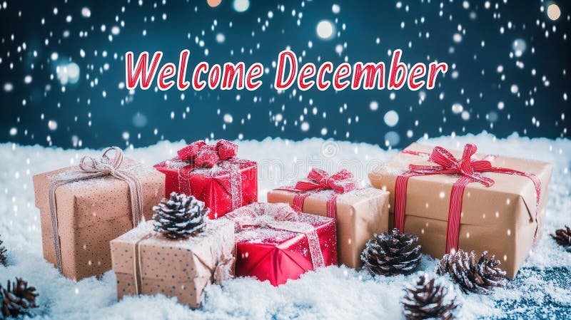 Welcome December Text with Wrapped Presents and Snow-like Backdrop ...