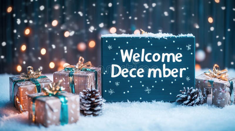 Welcome December Text with Wrapped Presents and Snow-like Backdrop ...