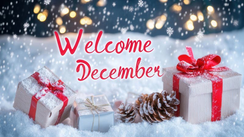 Welcome December Text with Wrapped Presents and Snow-like Backdrop ...
