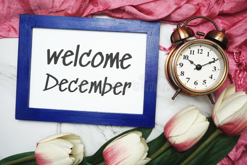 Welcome December Written on Blue Frame with Tulip Flower Flat Lay on ...