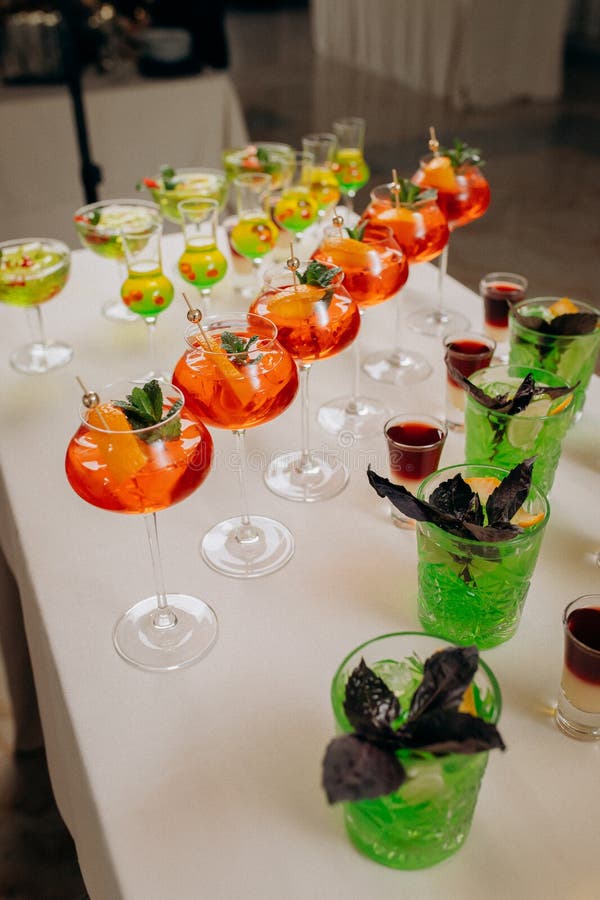 Welcome Drink with Cocktail Glasses and Drinks at an Event. Alcoholic ...