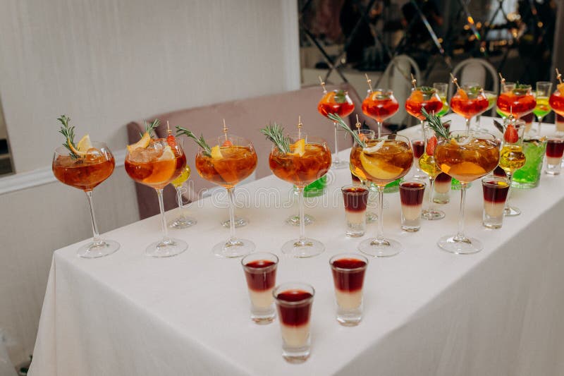 Welcome Drink with Cocktail Glasses and Drinks at an Event. Alcoholic ...
