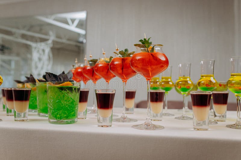 Welcome Drink with Cocktail Glasses and Drinks at an Event. Alcoholic ...