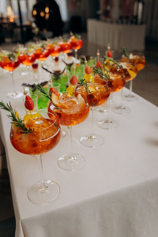 Welcome Drink with Cocktail Glasses and Drinks at an Event. Alcoholic ...