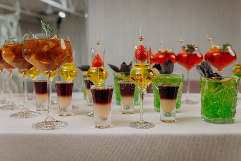 Welcome Drink with Cocktail Glasses and Drinks at an Event. Alcoholic ...