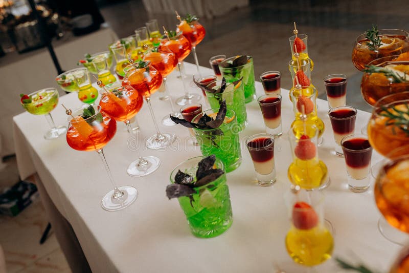 Welcome Drink with Cocktail Glasses and Drinks at an Event. Alcoholic ...