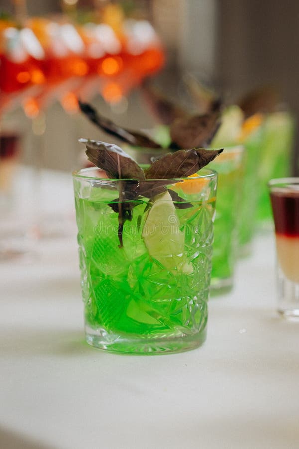 Welcome Drink with Cocktail Glasses and Drinks at an Event. Alcoholic ...