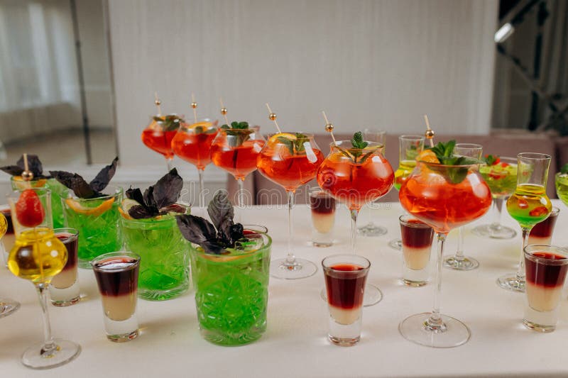 Welcome Drink with Cocktail Glasses and Drinks at an Event. Alcoholic ...