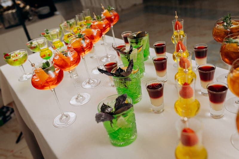 Welcome Drink with Cocktail Glasses and Drinks at an Event. Alcoholic ...