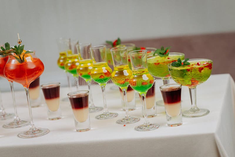Welcome Drink with Cocktail Glasses and Drinks at an Event. Alcoholic ...